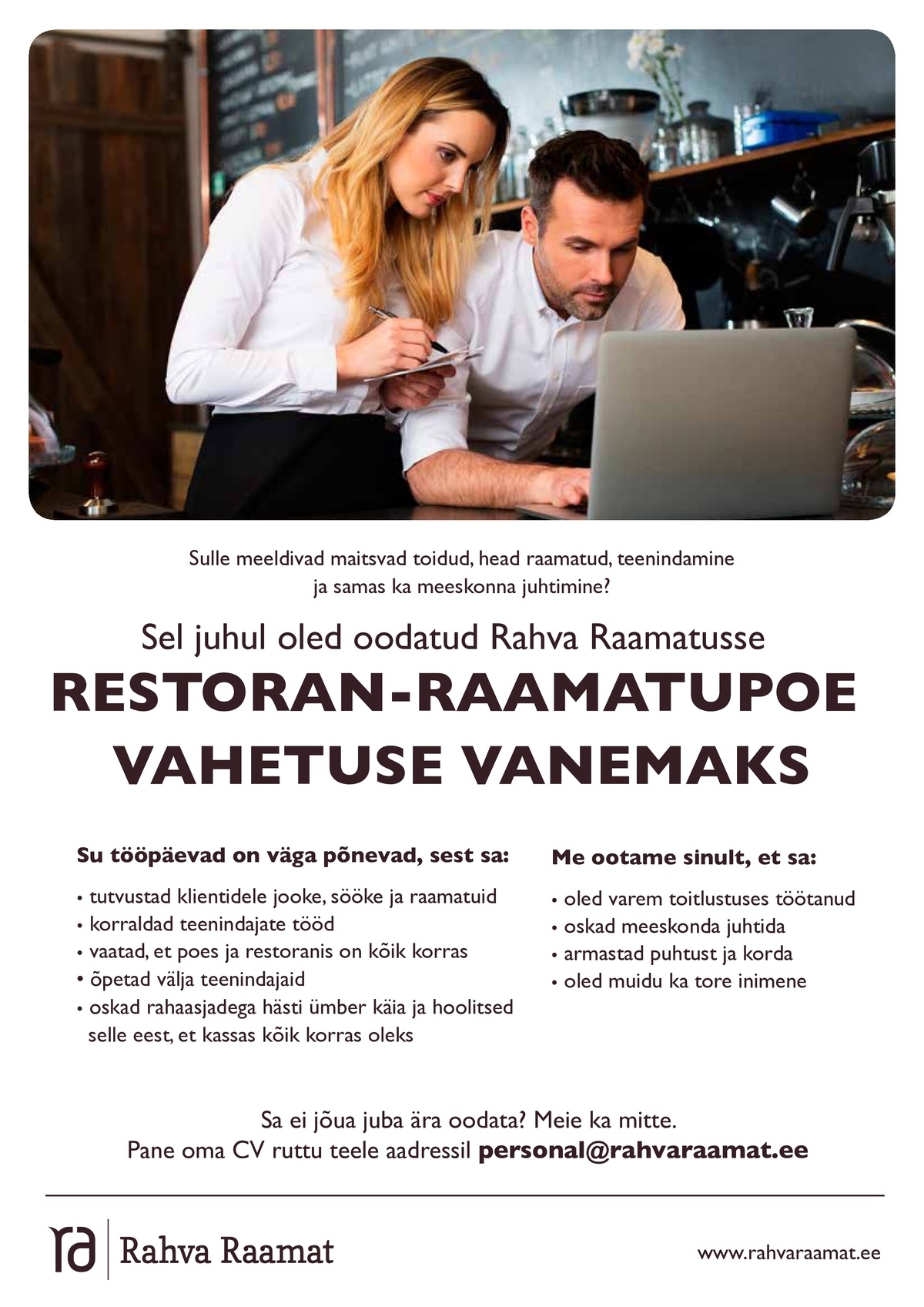 CV Keskus tööpakkumine Restoran-raamatupoe vahetuse vanem, 2019-08-22
