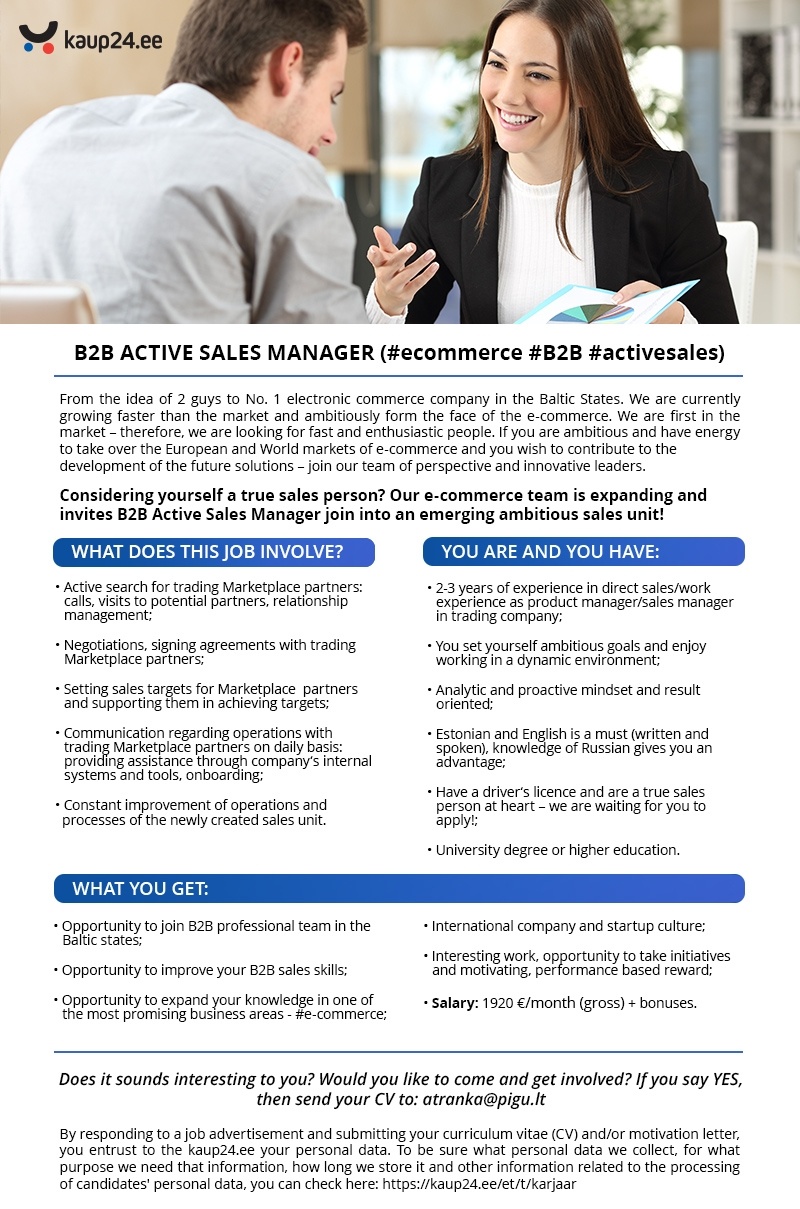 CV Keskus job ad B2B Active Sales Manager (#ecommerce #B2B #activesales ...