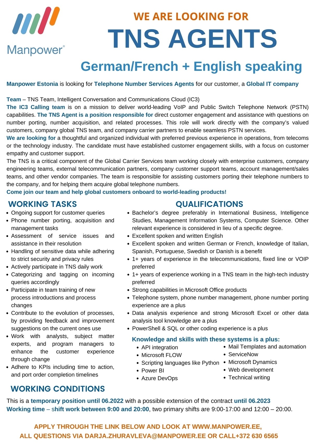 CV Keskus job ad TNS AGENTS German or French + English speaking, 2022-01-21