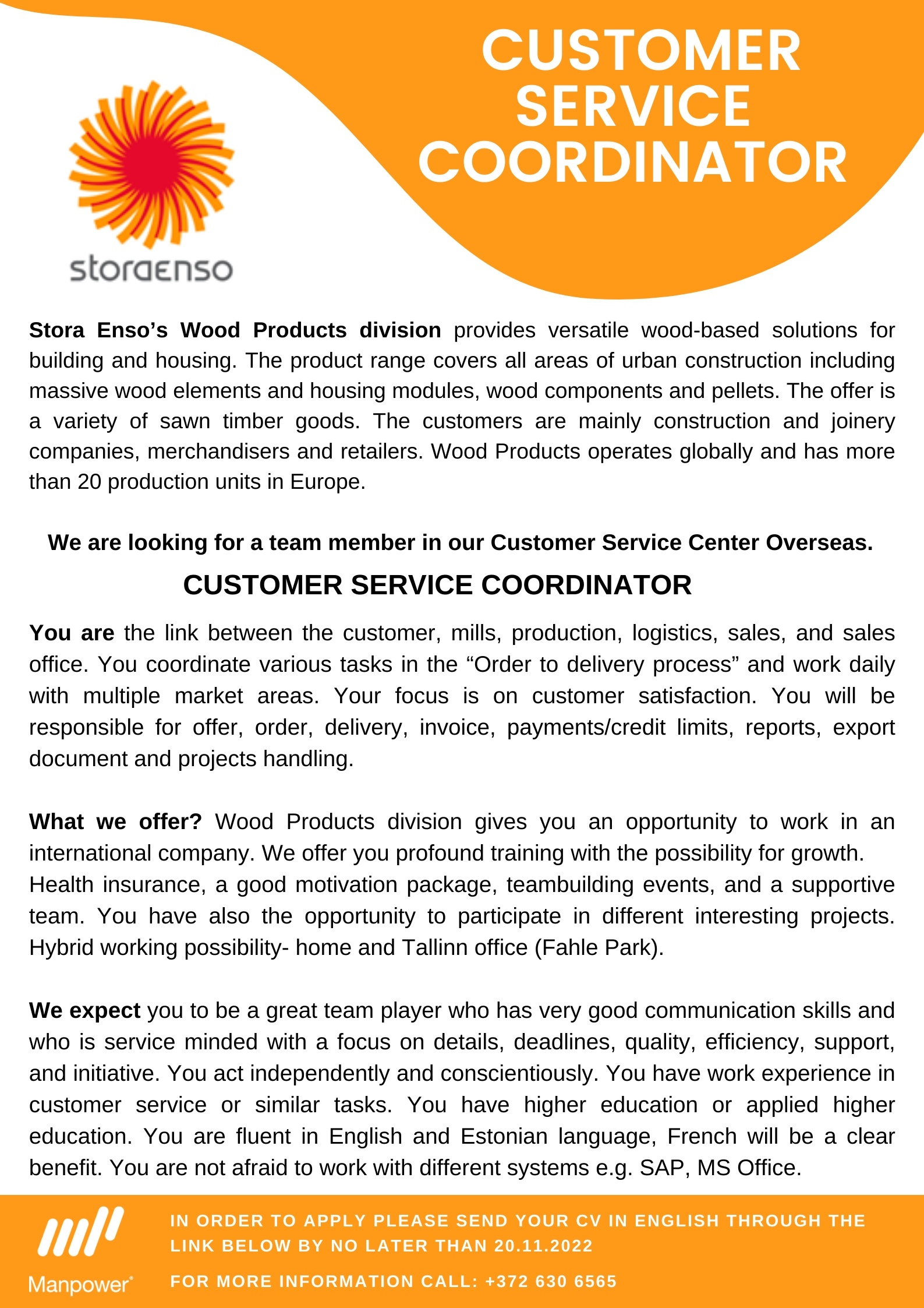 CV Keskus job ad CUSTOMER SERVICE COORDINATOR, 2022-11-08