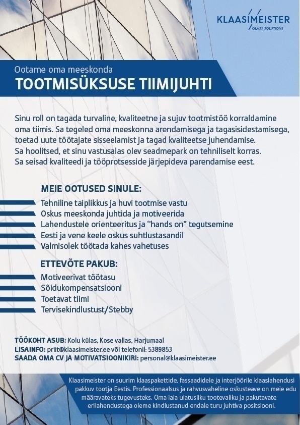 CV Keskus tööpakkumine Tootmisüksuse tiimijuht, 2022-10-26 CV Keskus tööpakkumine Tootmisüksuse tiimijuht, 2022-10-26