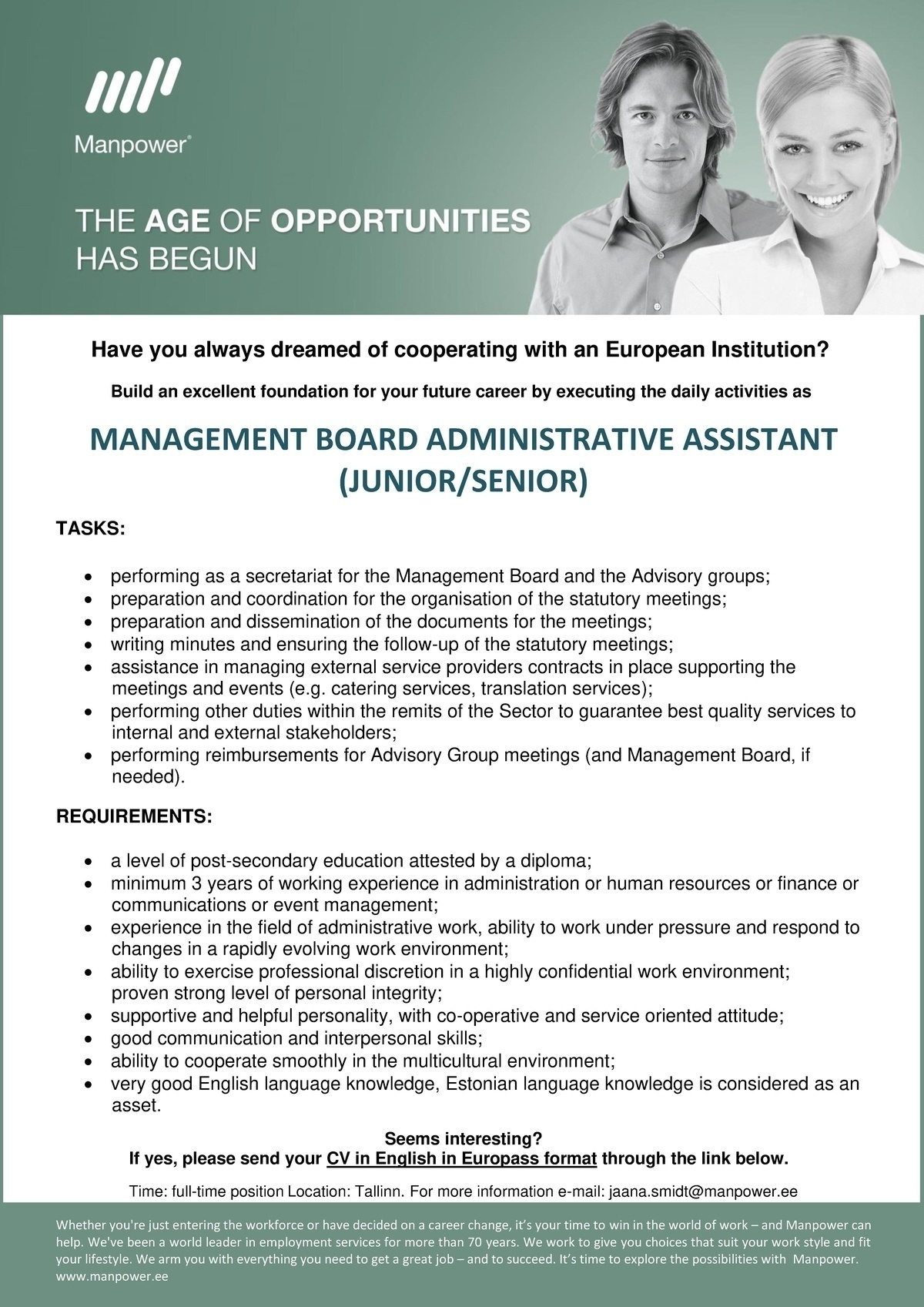 CV Keskus job ad MANAGEMENT BOARD ADMINISTRATIVE ASSISTANT (JUNIOR ...