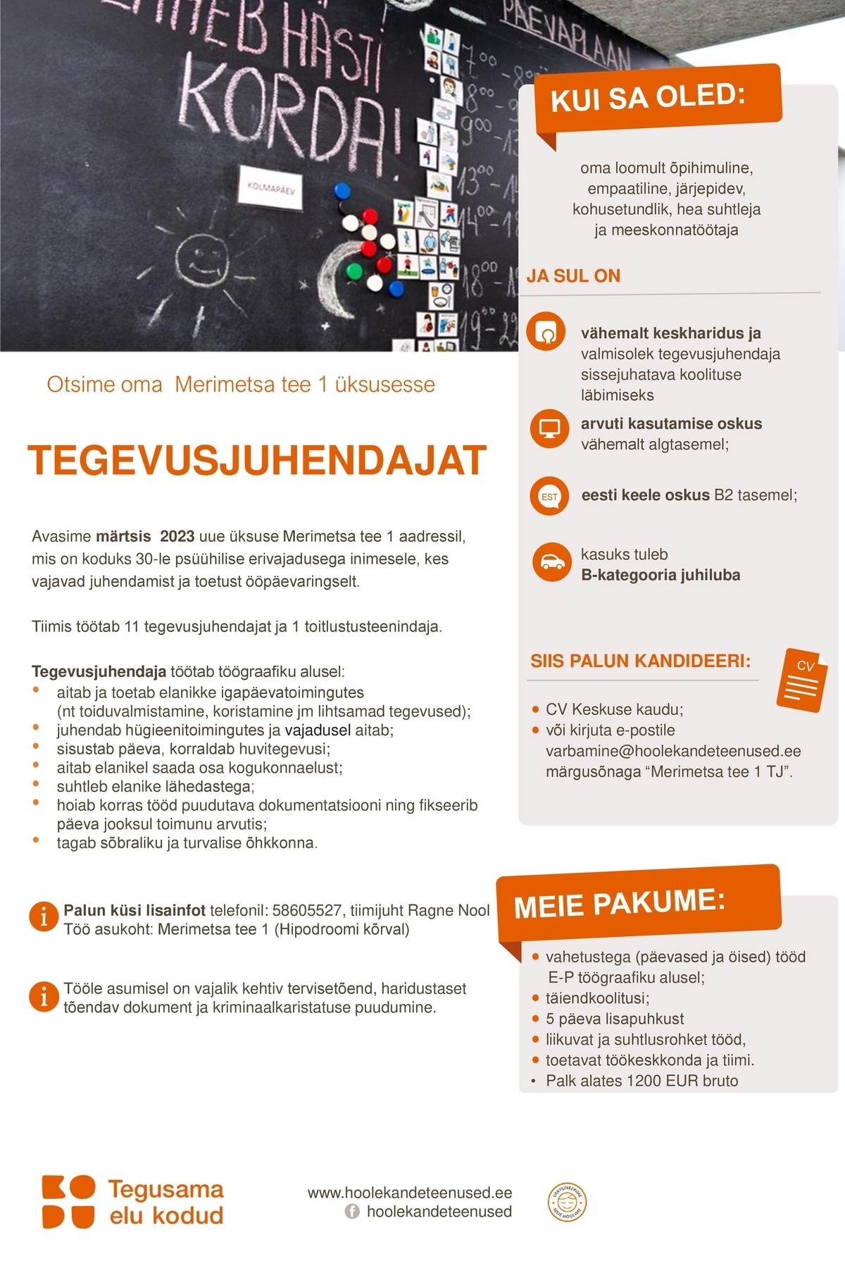 CV Keskus tööpakkumine TEGEVUSJUHENDAJA Tallinn Merimetsa tee 1, 2023-12-06