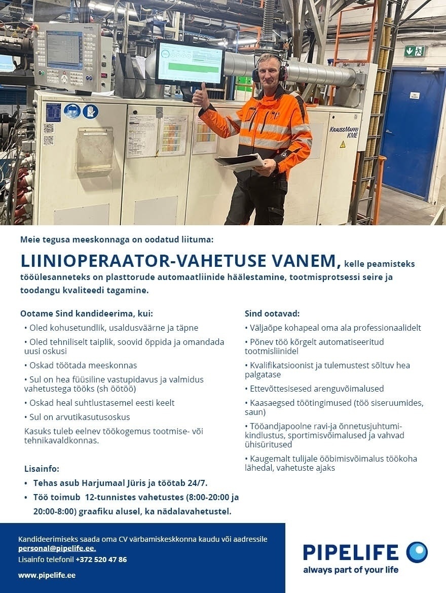 CV Keskus tööpakkumine Liinioperaator-vahetuse vanem, 2024-03-06