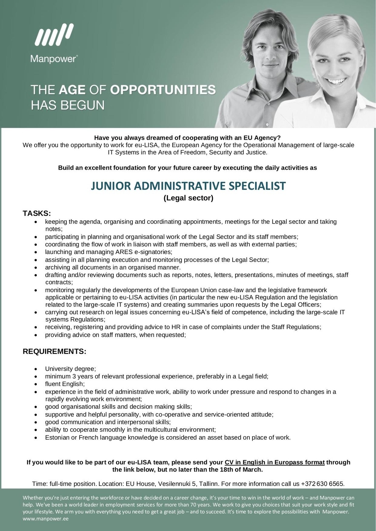 CV Keskus job ad JUNIOR ADMINISTRATIVE SPECIALIST, 2024-03-08 CV Keskus job ad JUNIOR ADMINISTRATIVE SPECIALIST, 2024-03-08