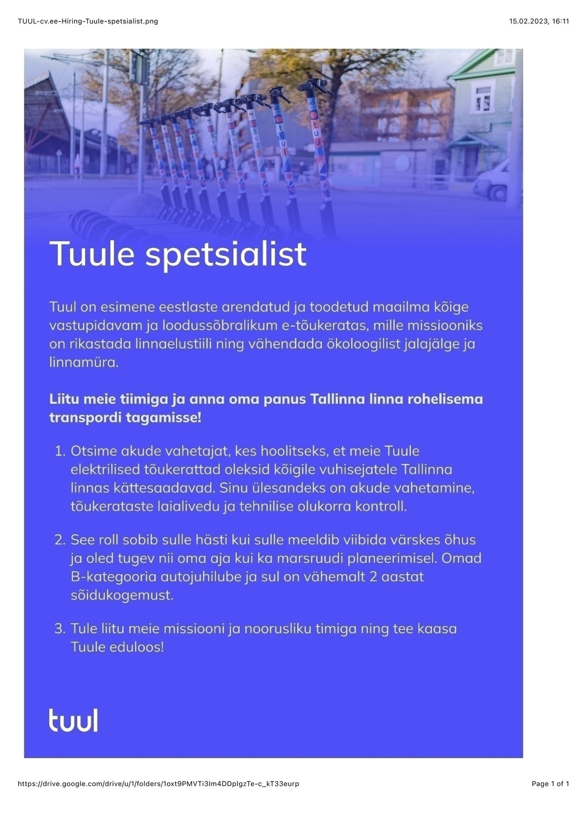 CV Keskus tööpakkumine Tuule spetsialist, 2024-05-29