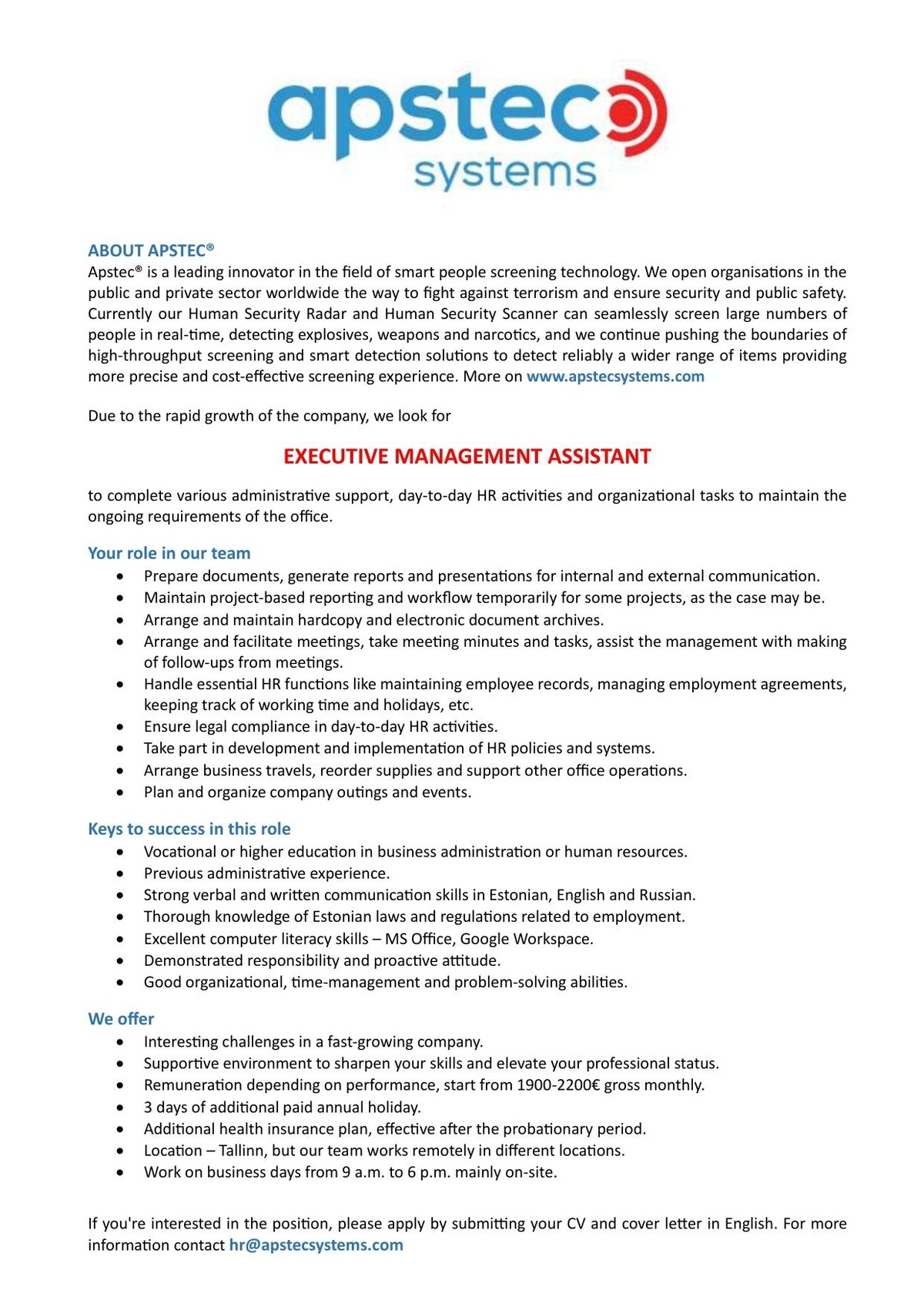 CV Keskus job ad Executive Management Assistant, 2024-06-25