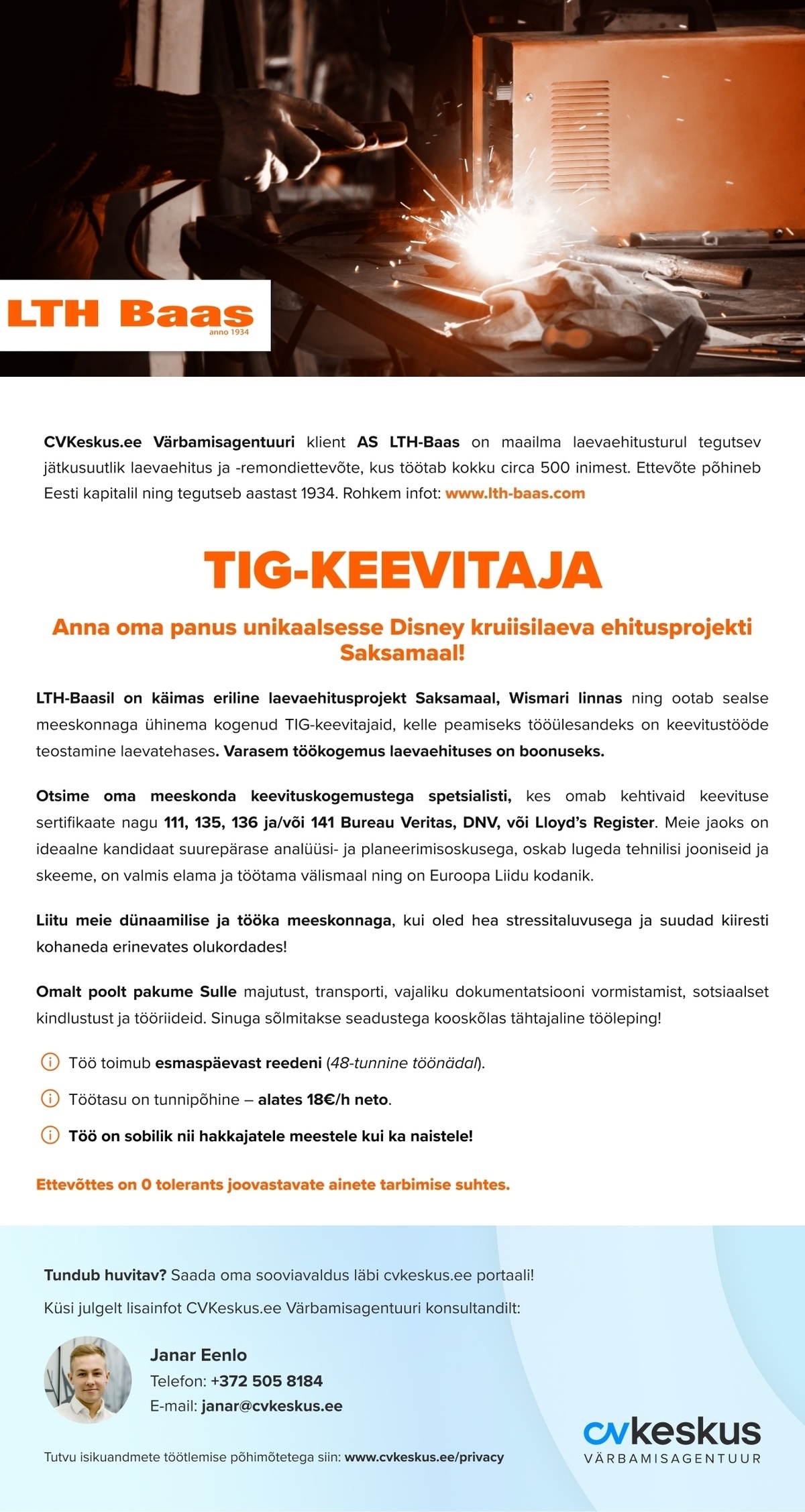 CV Keskus tööpakkumine TIG-KEEVITAJA LAEVATEHASESSE, 2024-12-17