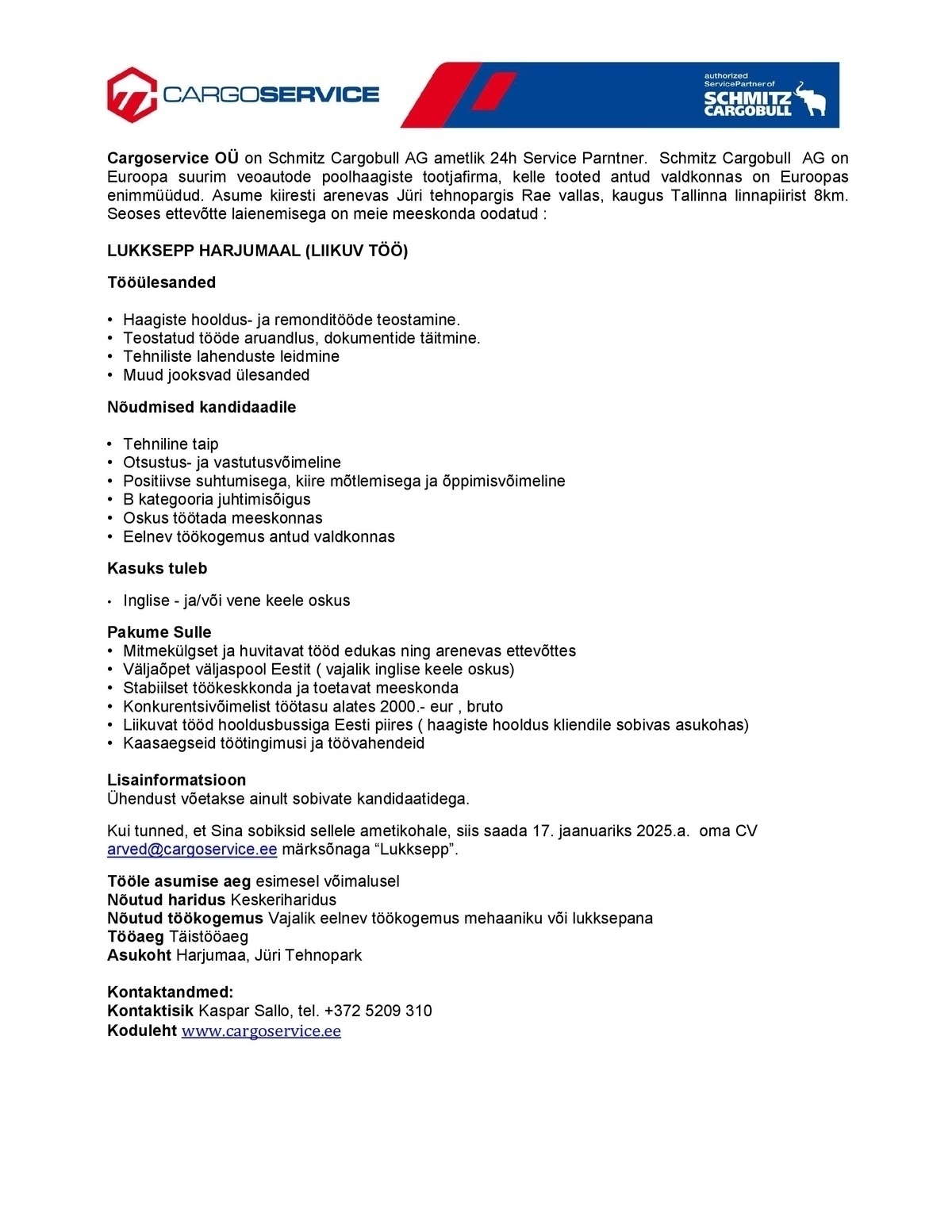 CV Keskus tööpakkumine LUKKSEPP HARJUMAAL (LIIKUV TÖÖ), 2024-12-18