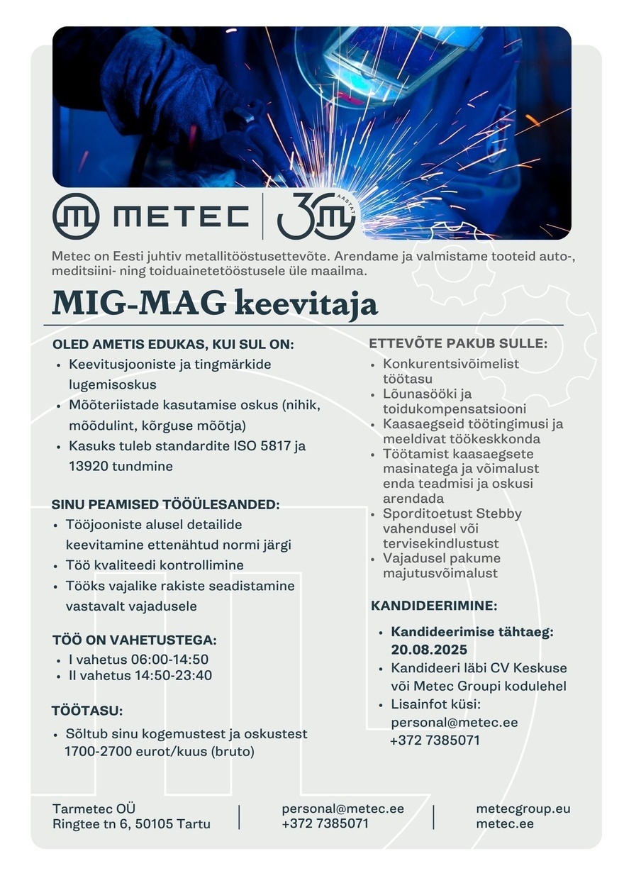 CV Keskus tööpakkumine MIG-MAG keevitaja, 2025-08-06