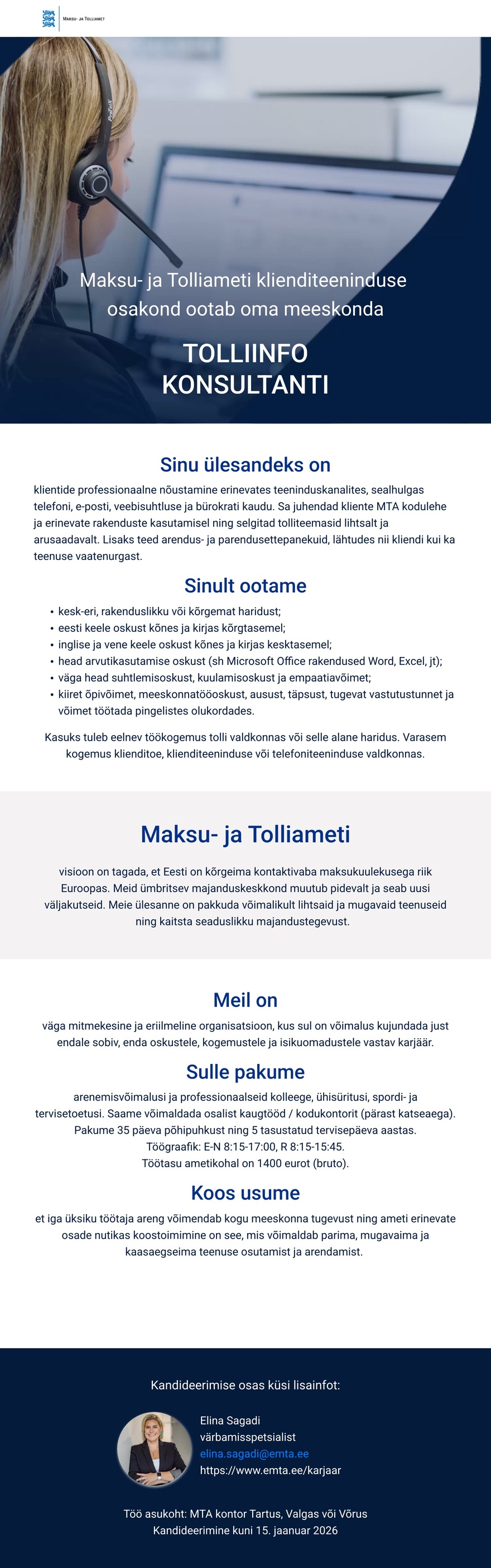 CV Keskus tööpakkumine Tolliinfo konsultant, 2025-12-15