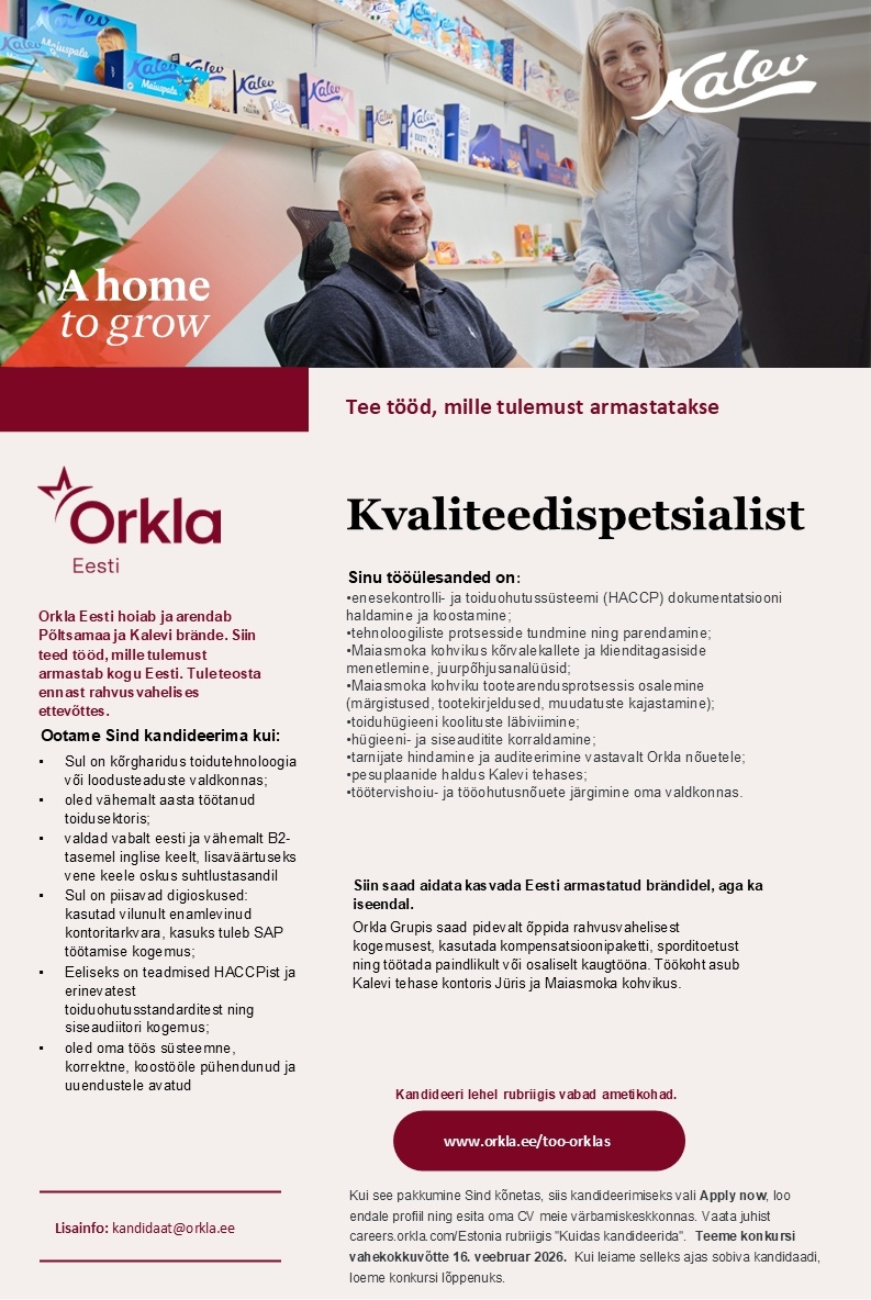 CV Keskus tööpakkumine Orkla Eesti AS Kvaliteedispetsialist, 2026-01-26