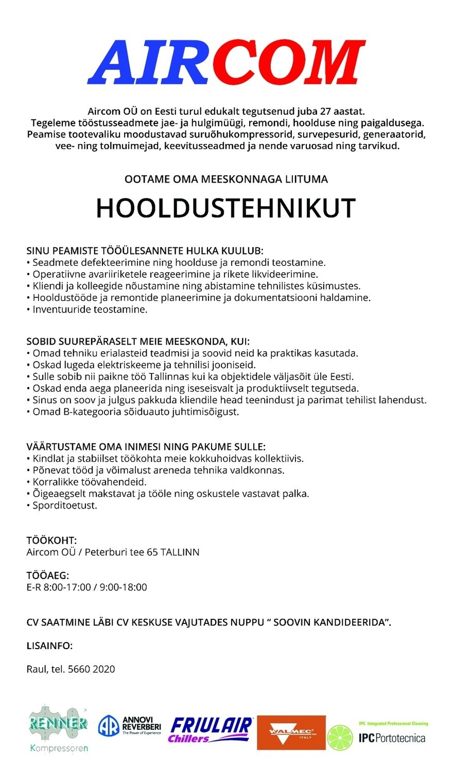 CV Keskus tööpakkumine Aircom OÜ Hooldustehnik, 2026-05-29
