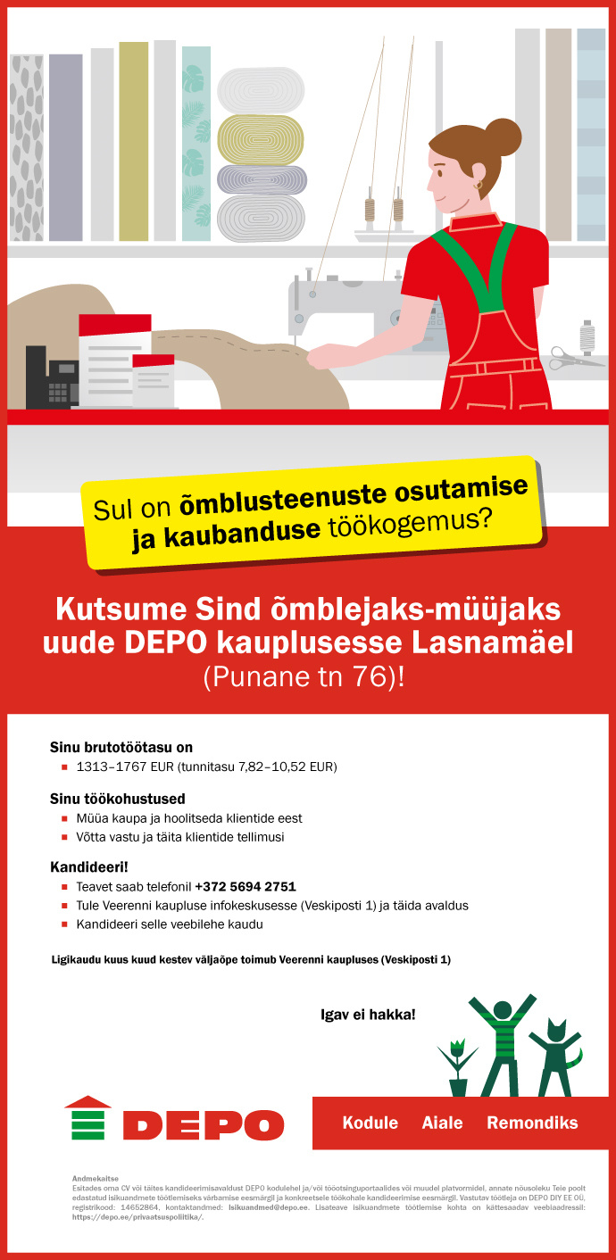 CV Keskus job ad DEPO DIY EE OÜ Õmbleja-müüja, Lasnamäe (Punane tn 76 ...