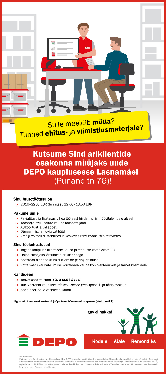 CV Keskus job ad DEPO DIY EE OÜ Äriklientide osakonna müüja, Lasnamäe ...